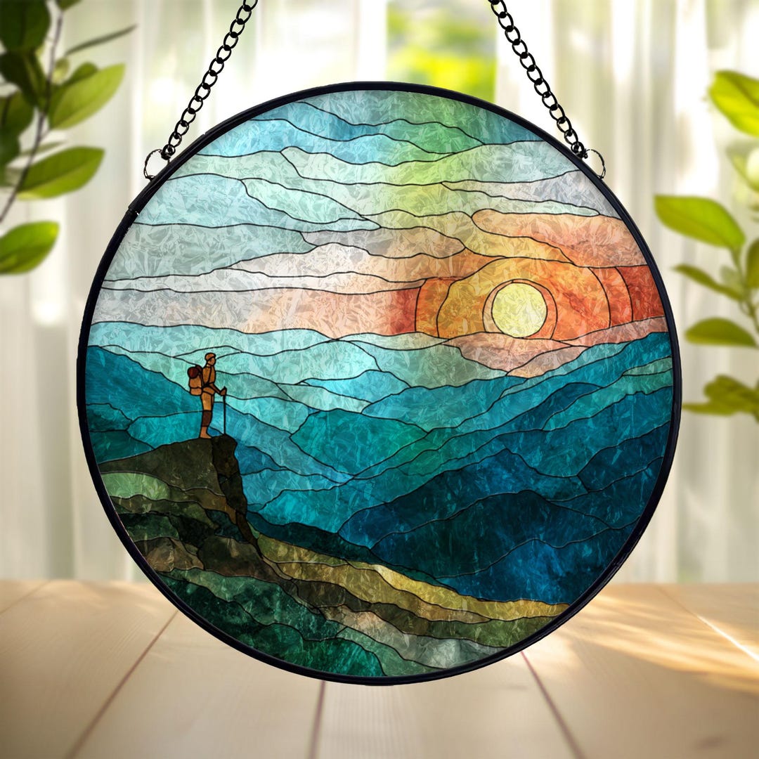 Mountain Hiking Stained Glass Suncatcher, Sunset Landscape Window ...
