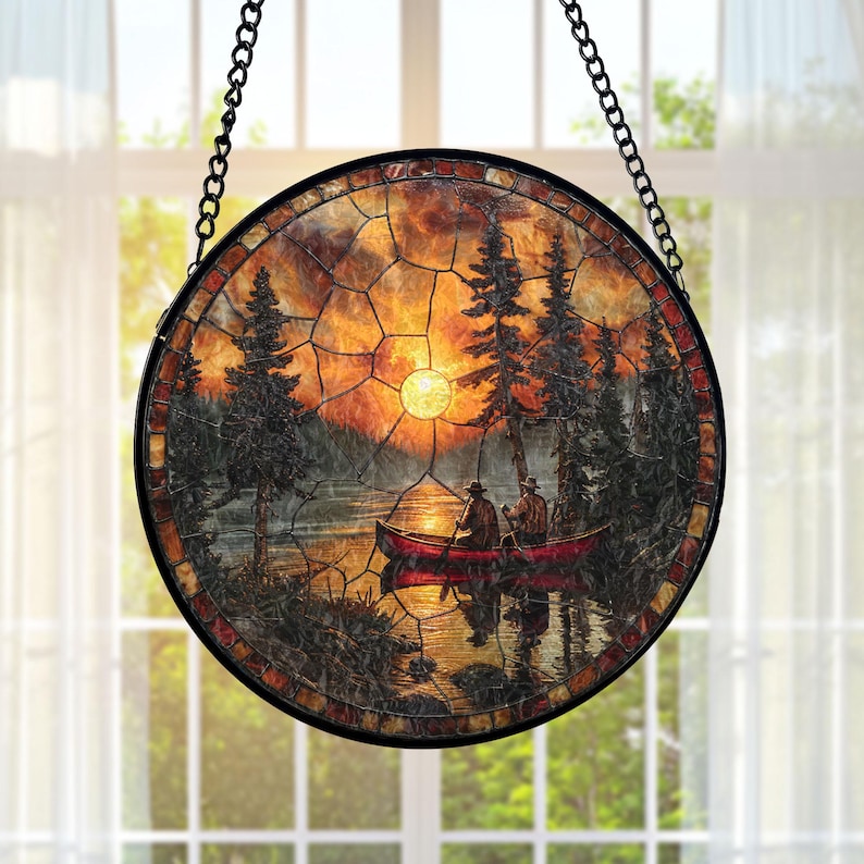 Stained Glass Canoe Sunset Suncatcher: Lake Scene Window Hanging - Etsy