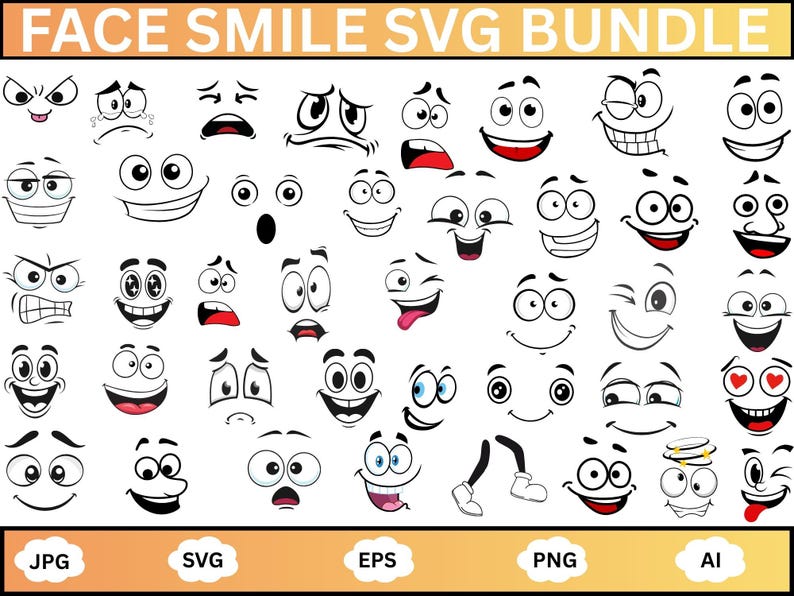 Cartoon Emotion Faces SVG Bundle: Cartoon Mouths, Eyes Svg, Cute Faces ...