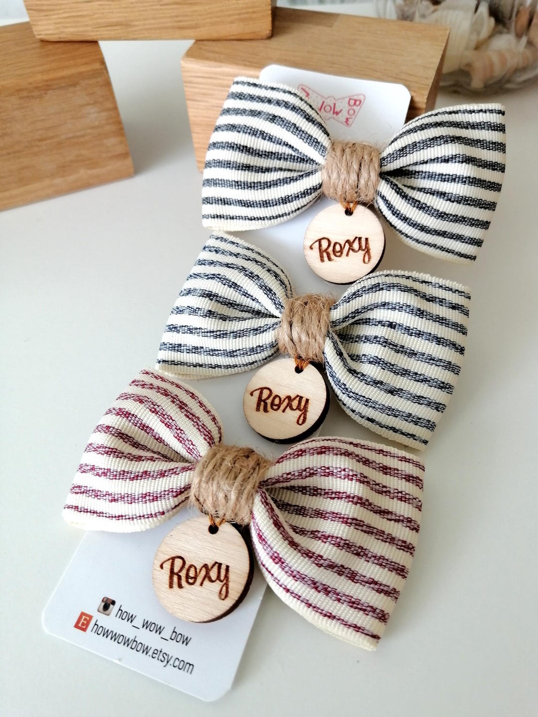 Personalized Dog Hair Bows – Set of 3 Rustic Striped Bows With Custom ...