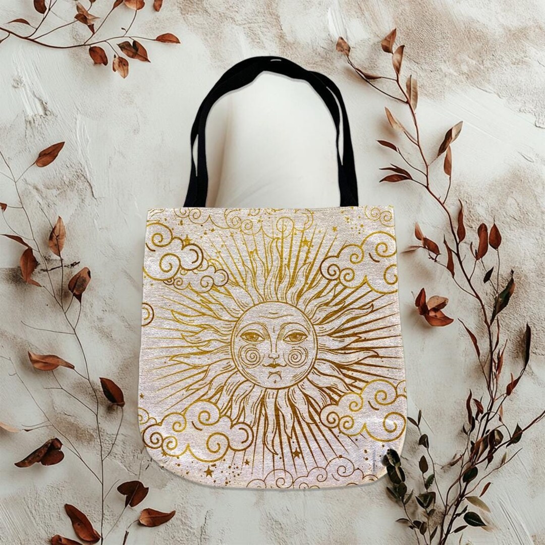 Celestial Sun Woven Tote Bag, Retro Moon and Stars Aesthetic, Pretty ...