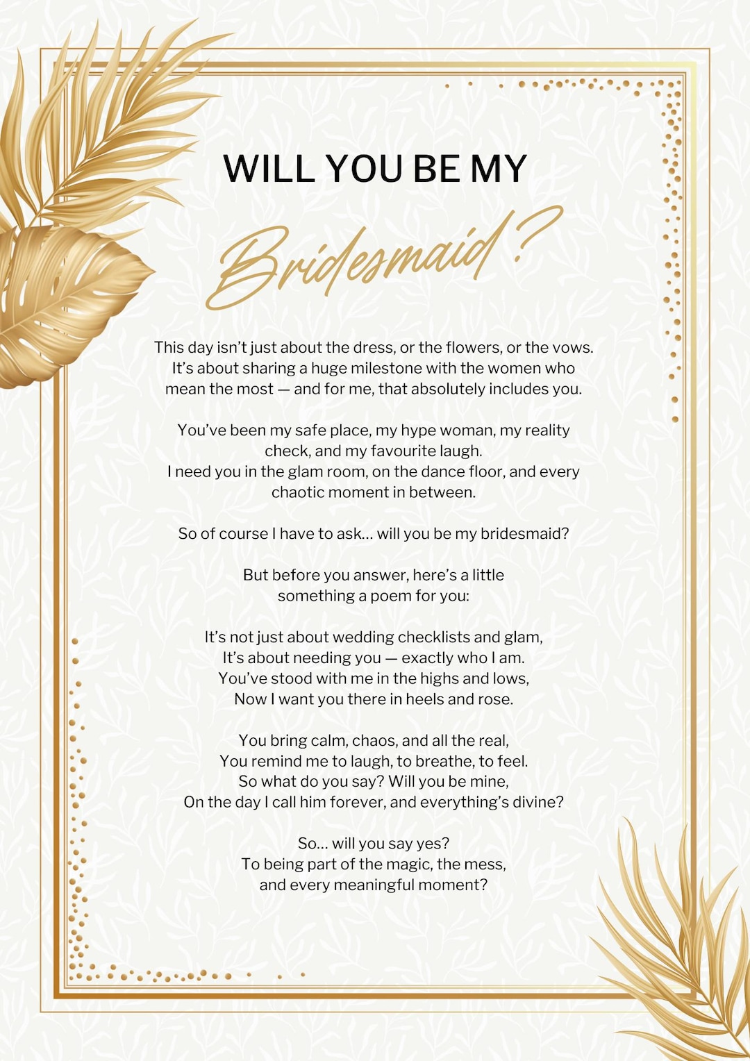 Gold Glam Bridesmaid Proposal Letter – Digital Download | “will You Be ...