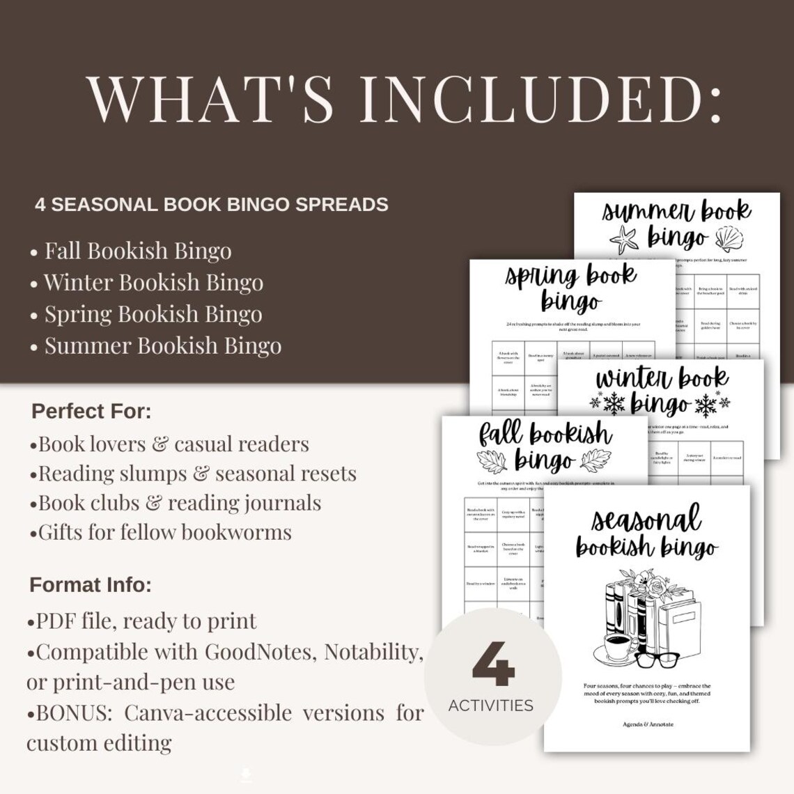 Editable Seasonal Book Bingo Printable | 4-pack Reading Challenge for ...