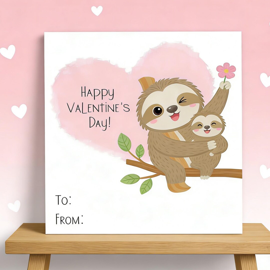 Sloth Valentine's Day Cards: Kids Classroom Exchange, Cute Animal ...