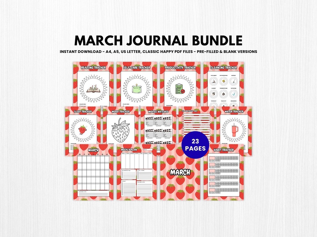March Bullet Journal Bundle, Printable Strawberry Planner, Pink Digital ...