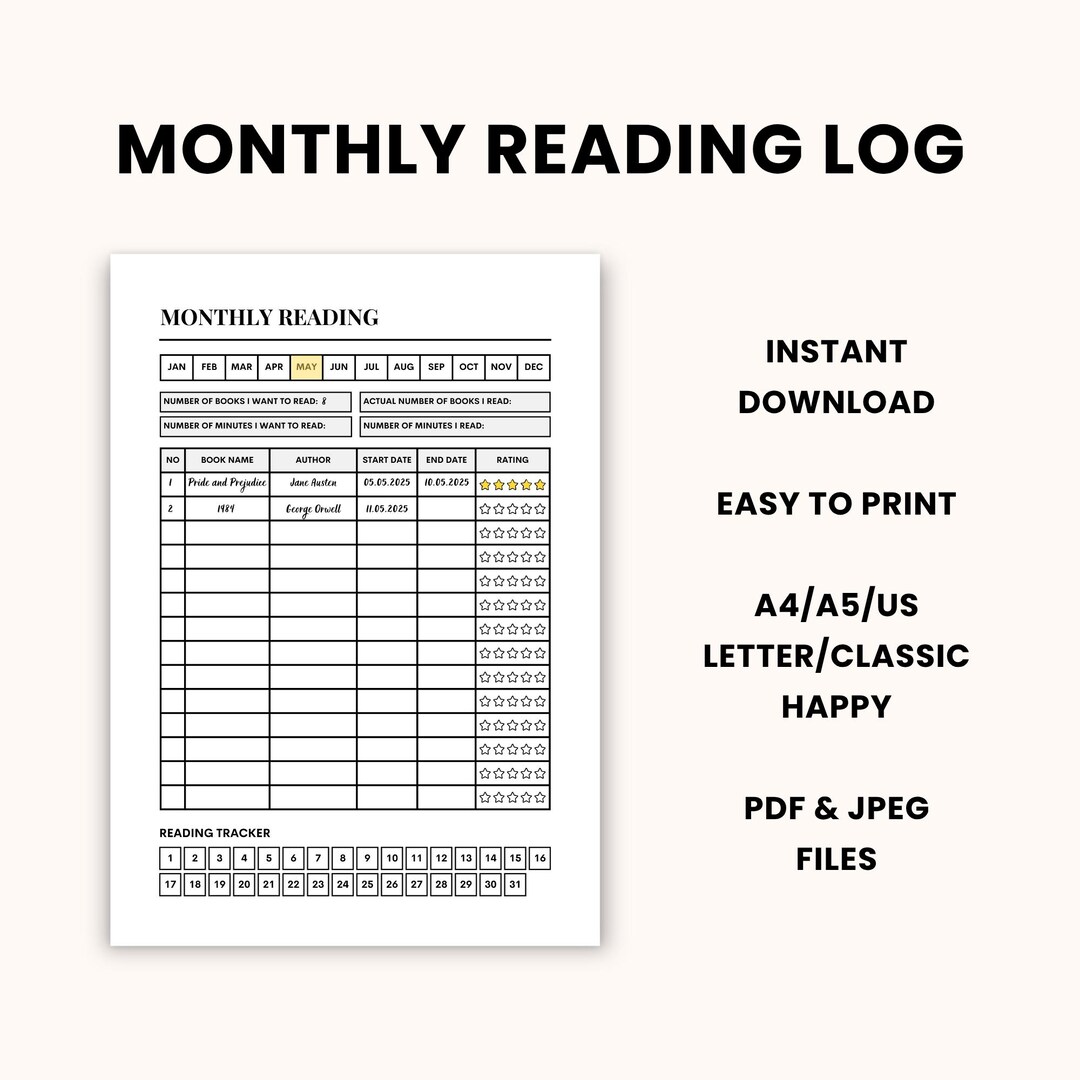 Monthly Reading Log Printable Reading Tracker Minimalist Reading ...