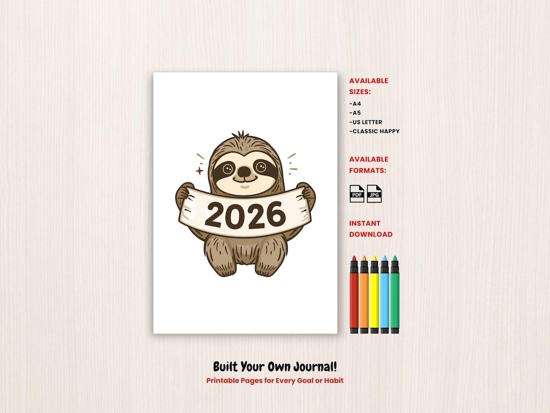 2026 Sloth Cover Page Printable 2026 Title Page Digital Journal Page ...