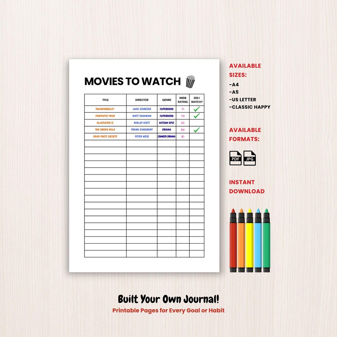 Movies to Watch Tracker Printable Journal Page Movie Log Film Watchlist ...