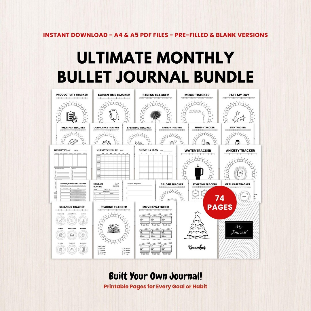 Monthly Bullet Journal Bundle Printable Ultimate Planner Template ...