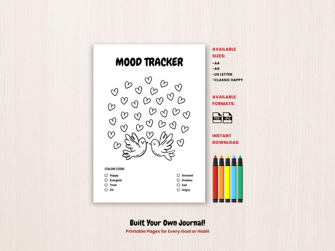 Hearts Mood Chart Printable Mood Tracker Digital Mood Journal Page ...