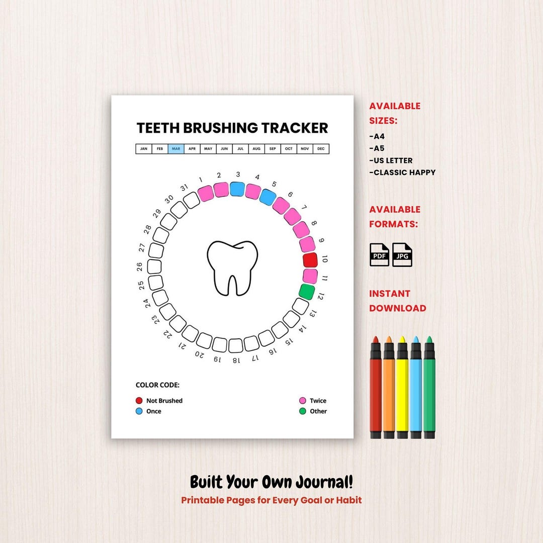 Teeth Brushing Tracker Printable Dental Hygiene Log Digital Kids Teeth ...