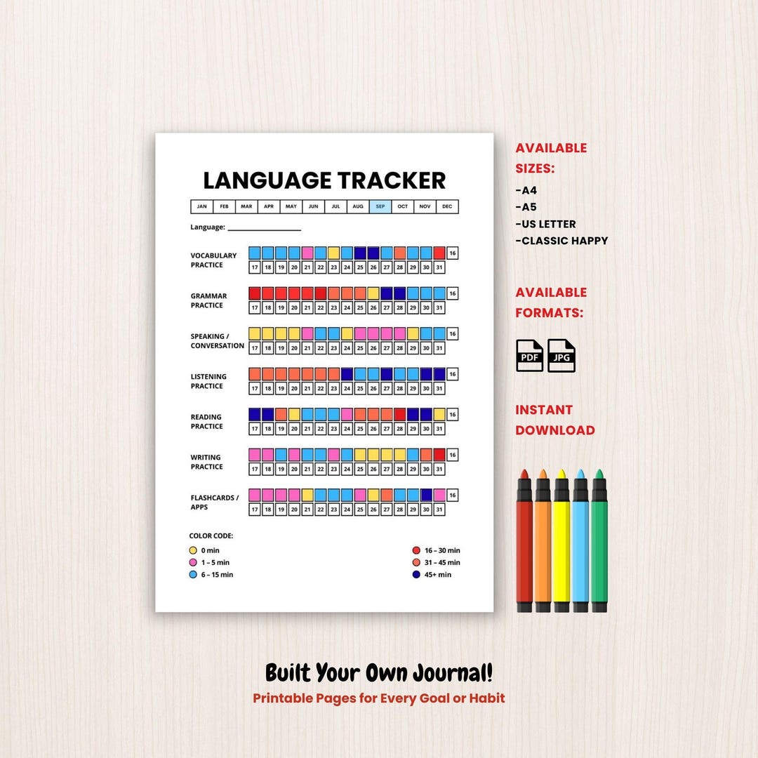 New Language Tracker Printable Language Learning Planner Daily Study ...