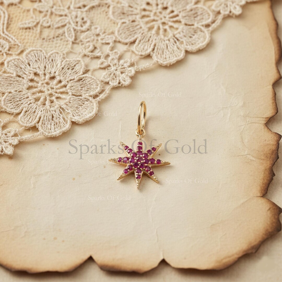 14K Solid Gold Ruby Starburst Charm Pendant – July Birthstone Necklace ...