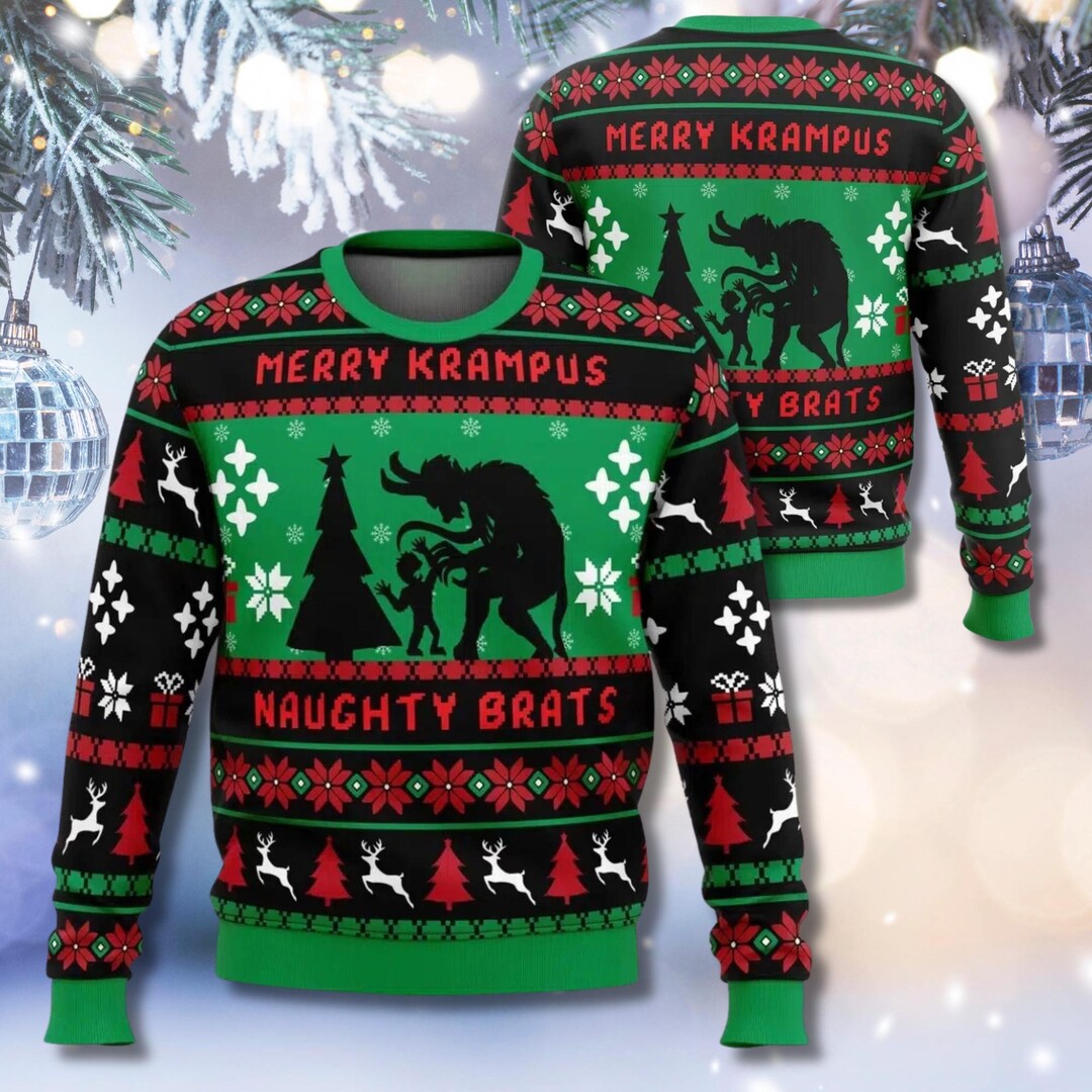 Merry Krampus Ugly Christmas Sweater Green Black Red Gothic Holiday ...