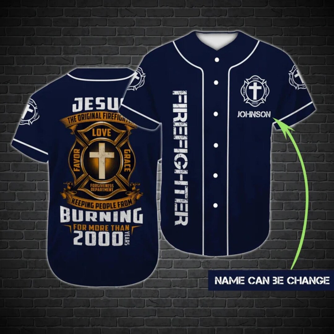 Personalized Christian Firefighter Baseball Jersey Button up Navy Faith ...