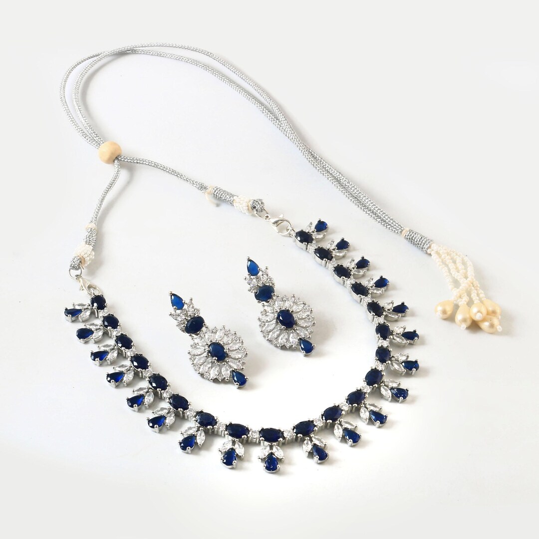 Royal Blue Stone Silver Finish Long Necklace Set – Elegant Indian Party ...