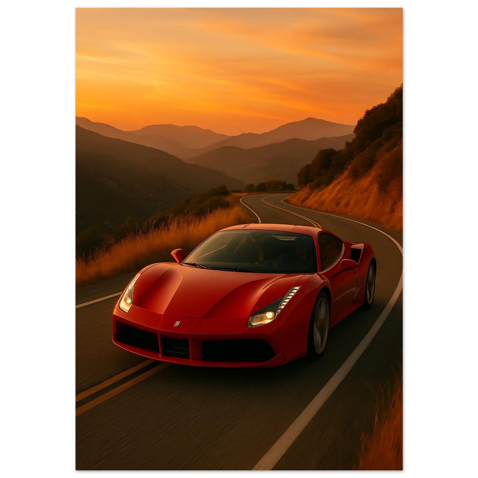 Ferrari Sunset Drive Poster – Red Supercar on Winding Mountain Road ...