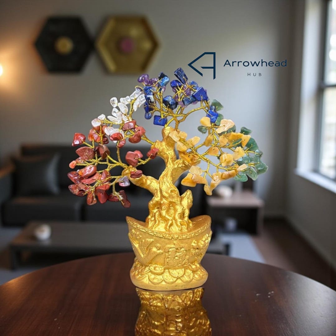 7 Chakra Crystal Tree: Feng Shui Gemstone Bonsai With Golden Money ...
