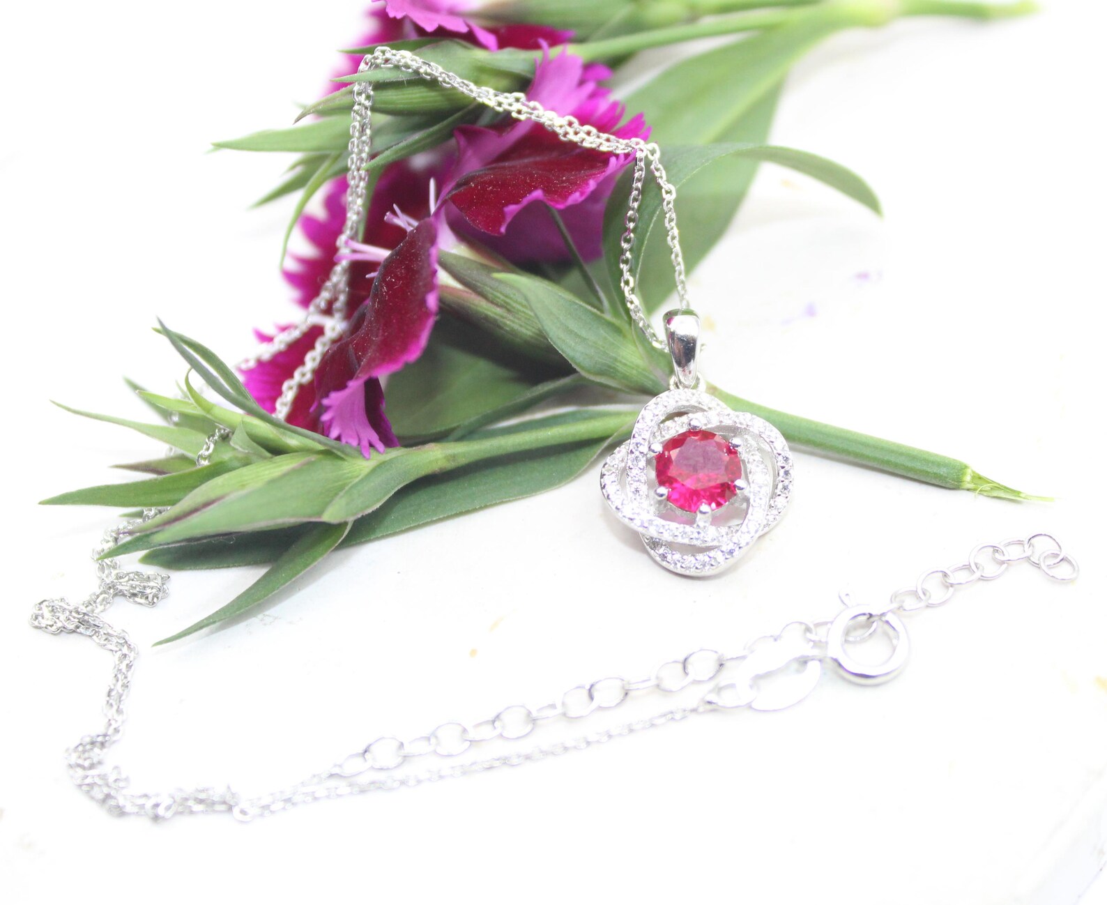 Ruby Flower Pendant, Sterling Silver Halo Necklace, Handmade Jewelry - Etsy