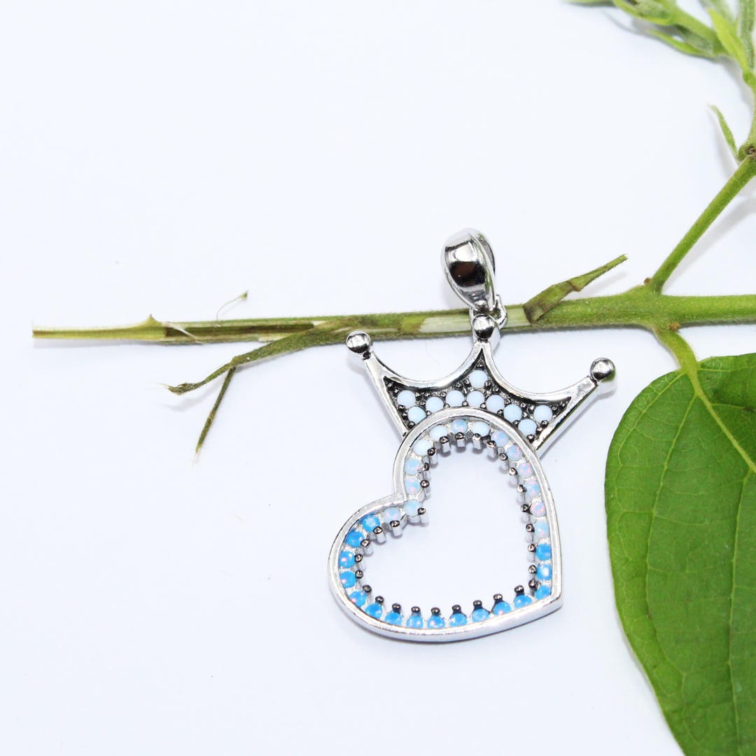 Sterling Silver Crown Heart Pendant: Chalcedony Opalite Princess ...