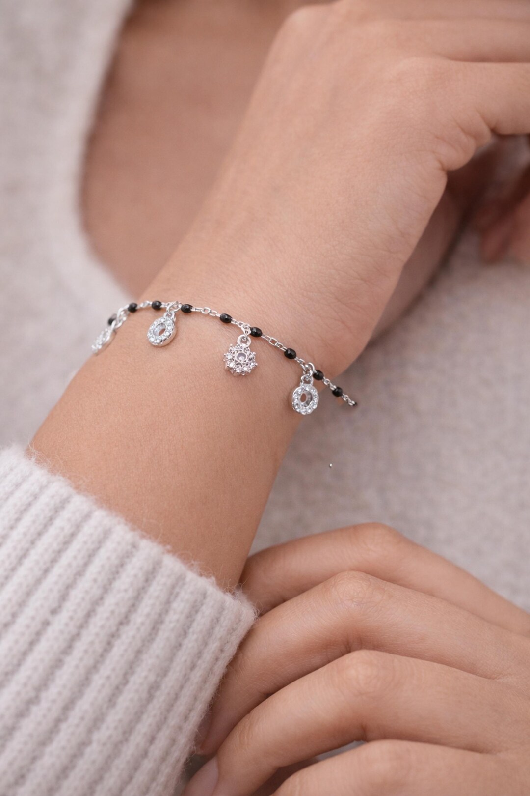 Black Beaded Sterling Silver Charm Bracelet: Elegant Handmade Foot ...