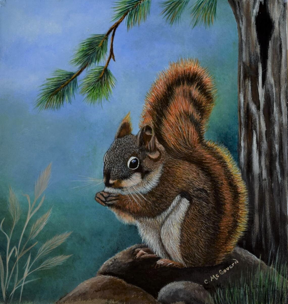 Framed Wildlife Painting: in the Forest - Squirrel Painting, Pine Trees ...
