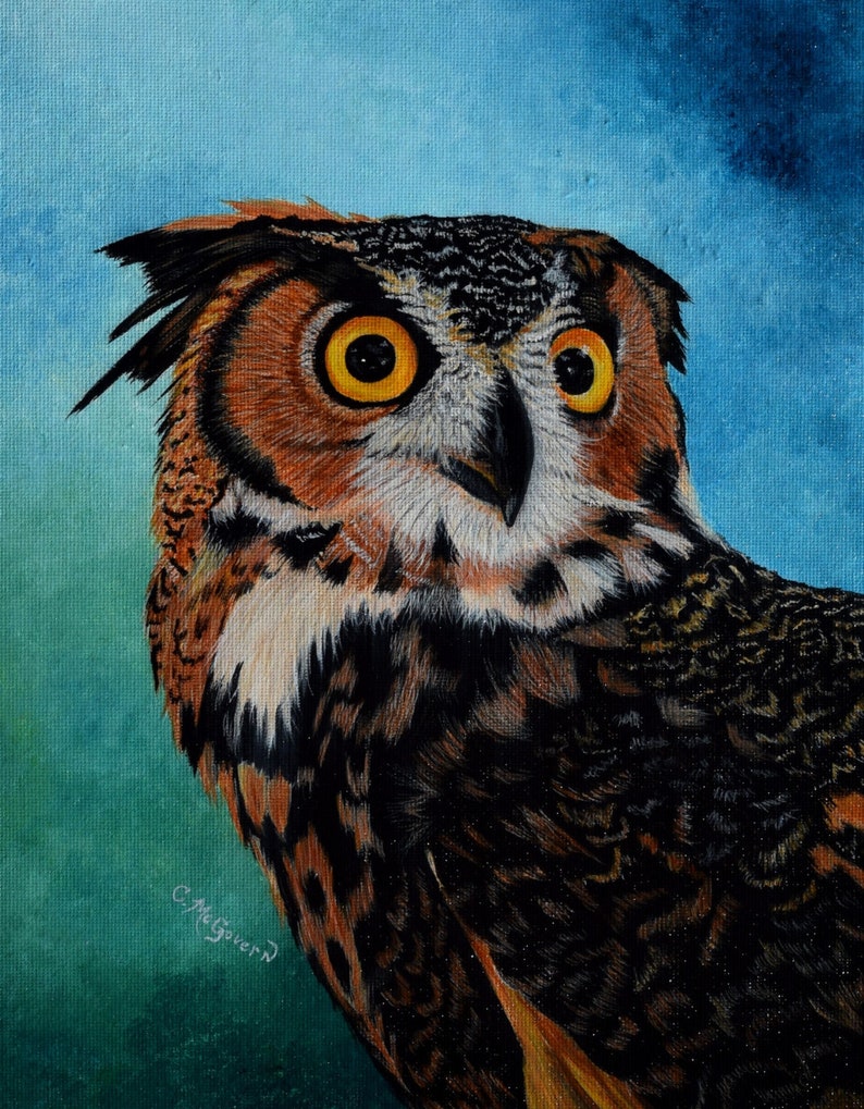 Owl Painting - Great Horned Owl, Original Realistic Painting, Wildlife ...