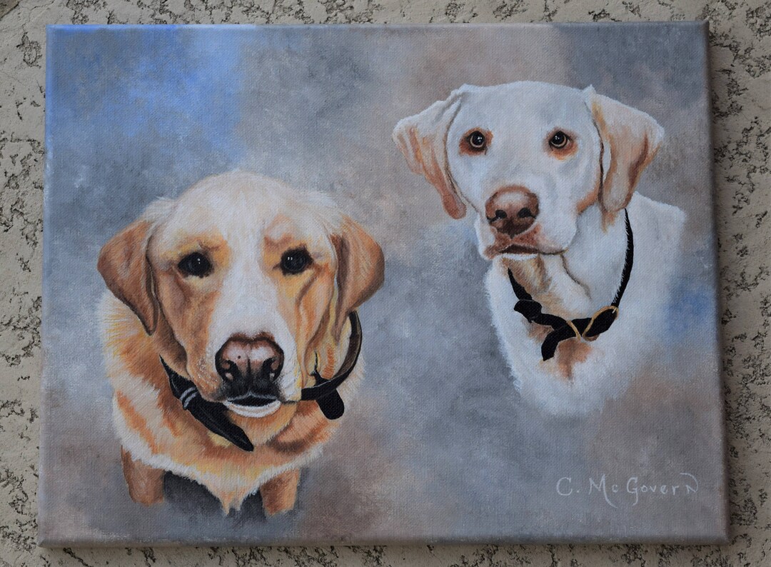 Double Dog Portrait - Dog Painting, Golden Retriever, Bull Dog, 11x14 ...