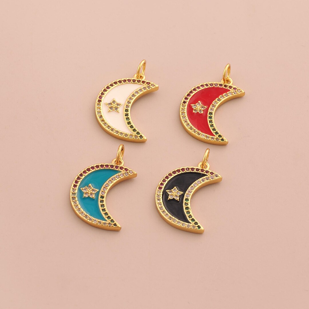 18K Gold Filled Enamel Moon Star Charms,gold CZ Celestial Pendant for ...
