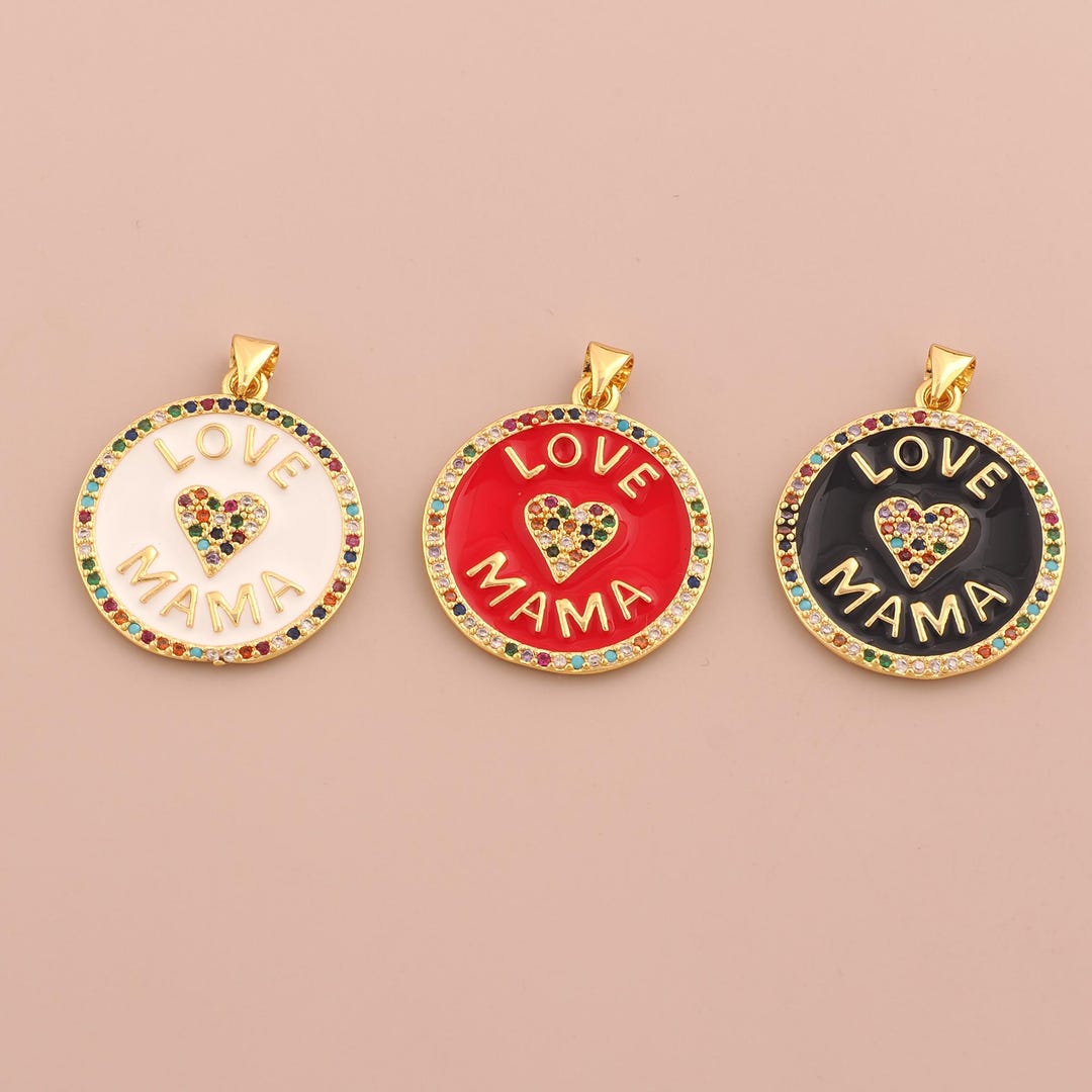 18K Gold Filled Enamel Love MAMA Charms,gold CZ Heart Letter Pendant ...