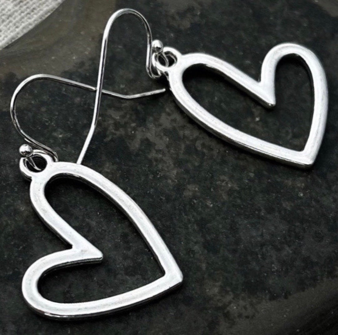 Silver Heart Earrings - Heart Dangle Earrings - Modern Heart Earrings ...