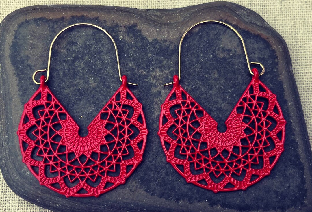 Red Hoop Earrings - Red Mandala Hoops - Red Boho Hoops - Unique Red ...