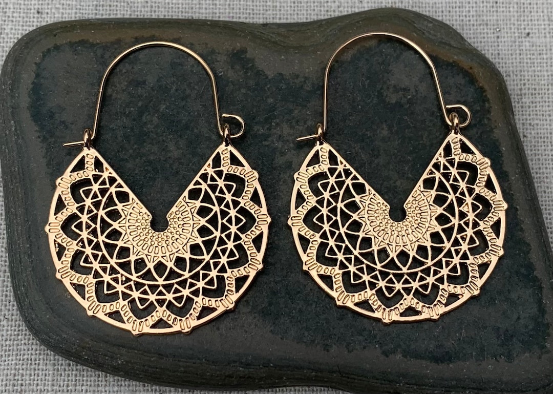 Gold Mandala Hoops - Gold Boho Hoops - Gold Hoop Earrings - Bohemian Gold Hoops - Mandala Hoop ...
