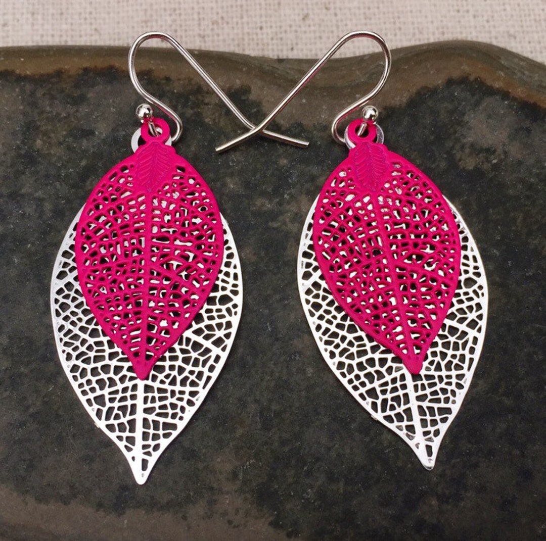 SALE Pink Leaf Earrings Magenta Dangle Earrings Silver - Etsy