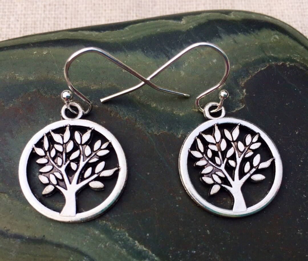 SALE Round Tree Earrings Silver Tree Earrings Tree Disc Earrings Little ...