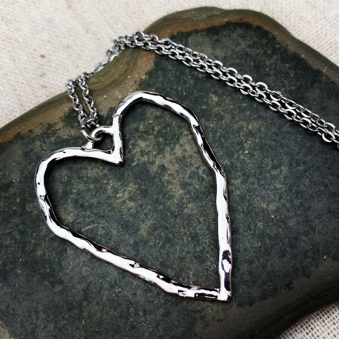 SALE Big Heart Necklace Silver Heart Necklace Large Heart Necklace ...