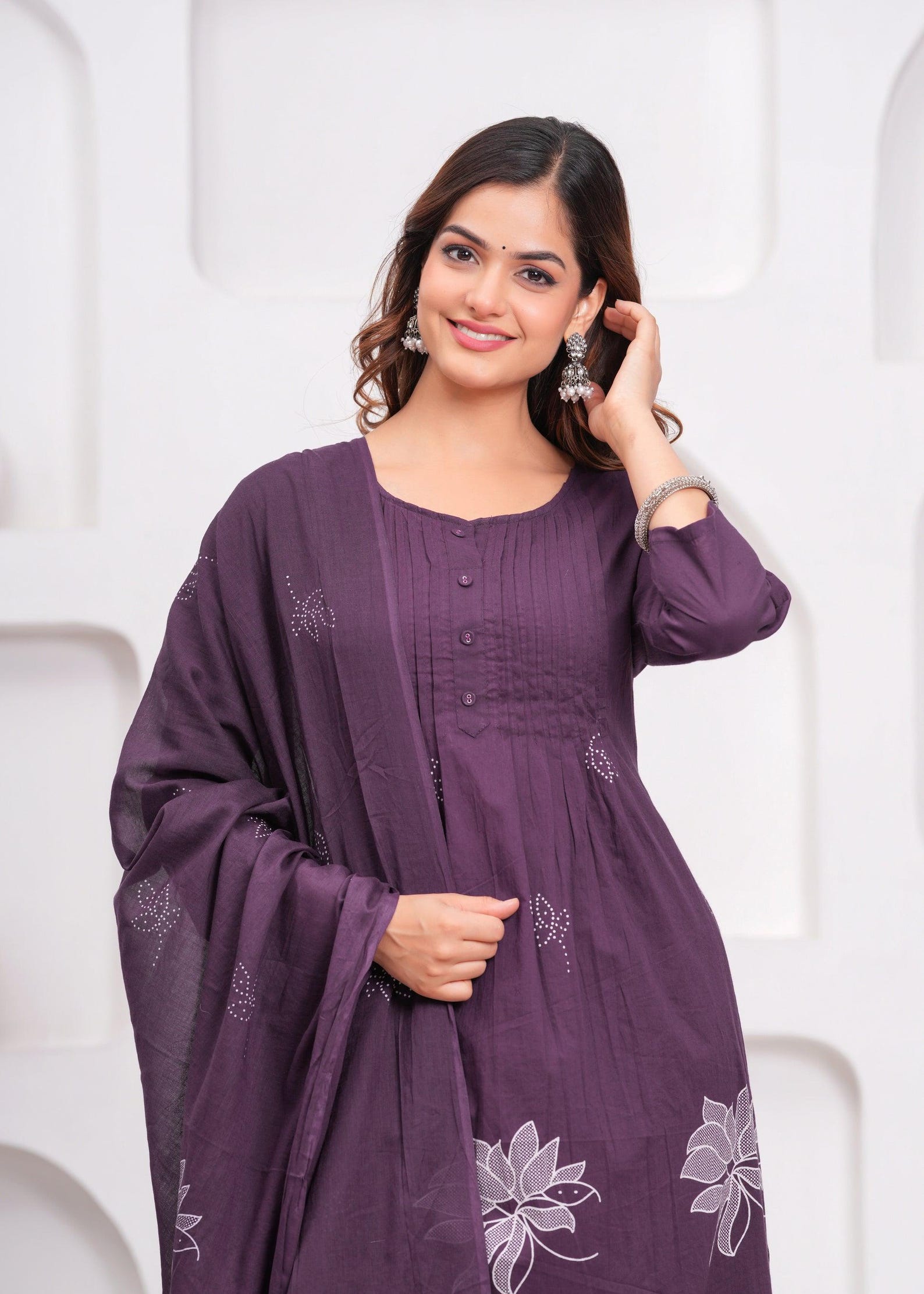 Elegant Purple Floral Embroidered Kurta Set | 3-piece Cotton Co-ord ...