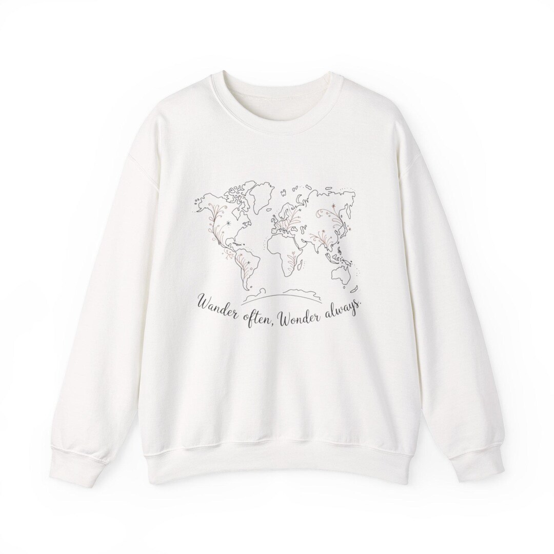 World Map Line Art Sweater | 'wander Often, Wonder Always' Crewneck - Etsy