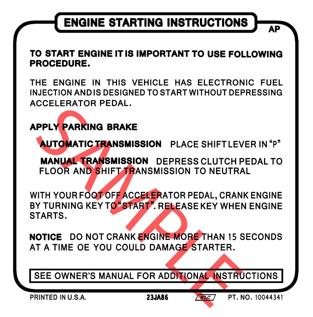 Fiero Reproduction Decals Engine Starting Procedure (drivers Visor) - Etsy
