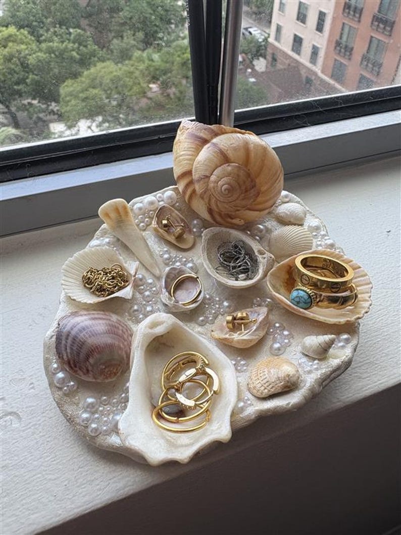 Coastal Seashell Art Tray - Handmade Beach - Inspired Decor With Pearls, Real Seashells & Chrome ...