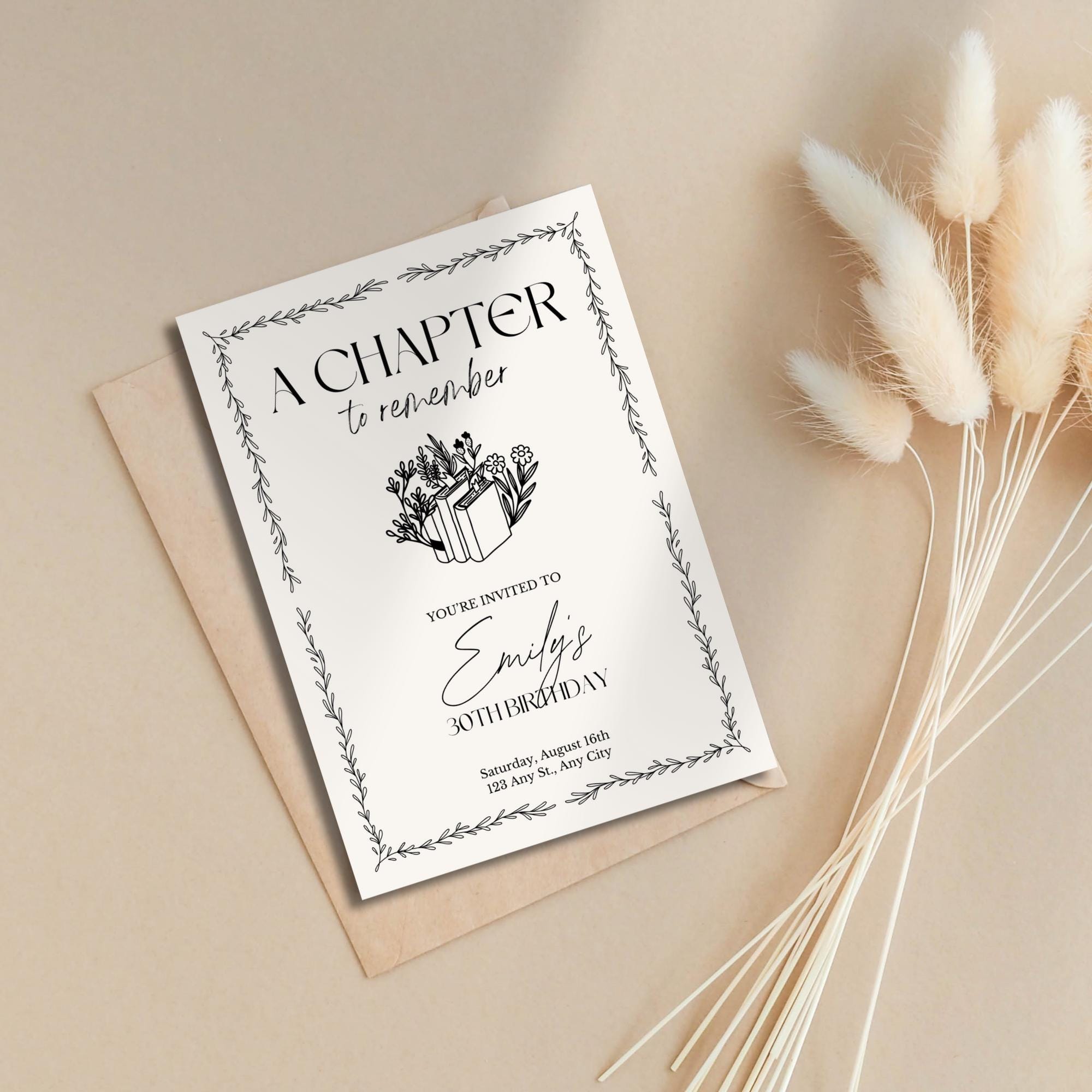 Minimalist Bookish Birthday Invitation Template | Editable 30th Book ...