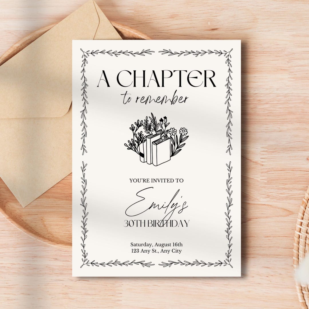 Minimalist Bookish Birthday Invitation Template | Editable 30th Book ...