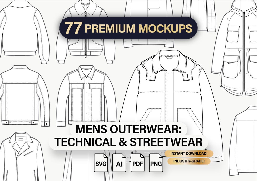 Mens Outerwear CAD Mockups: Technical Streetwear (ai, Svg, Pdf, Png ...