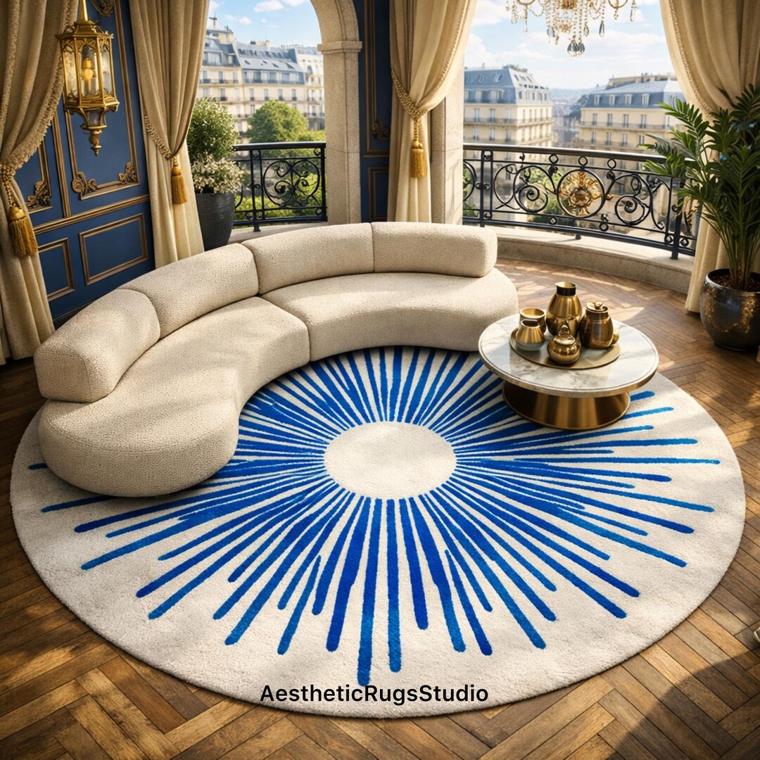 Hand Tufted Blue White Sunburst Circle Rug – Modern Geometric Round ...