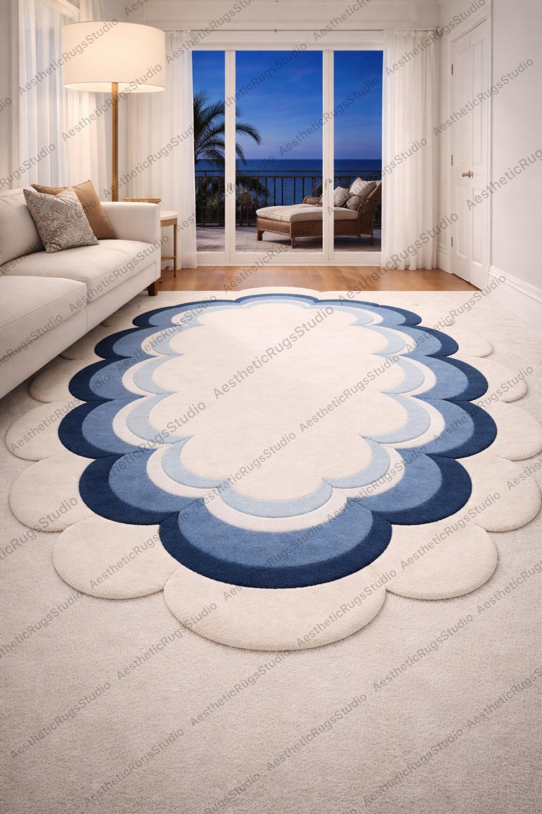 Hand Tufted Scalloped Blue Circle Rug – Modern Abstract Layered Area ...