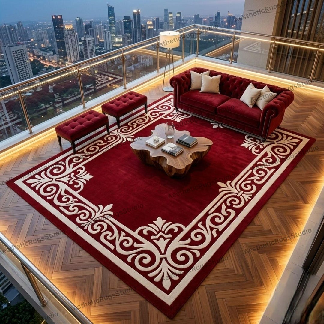 Handmade Rug Red & Ivory Hand Tufted Rug, Ornate Bordered Wool Area ...