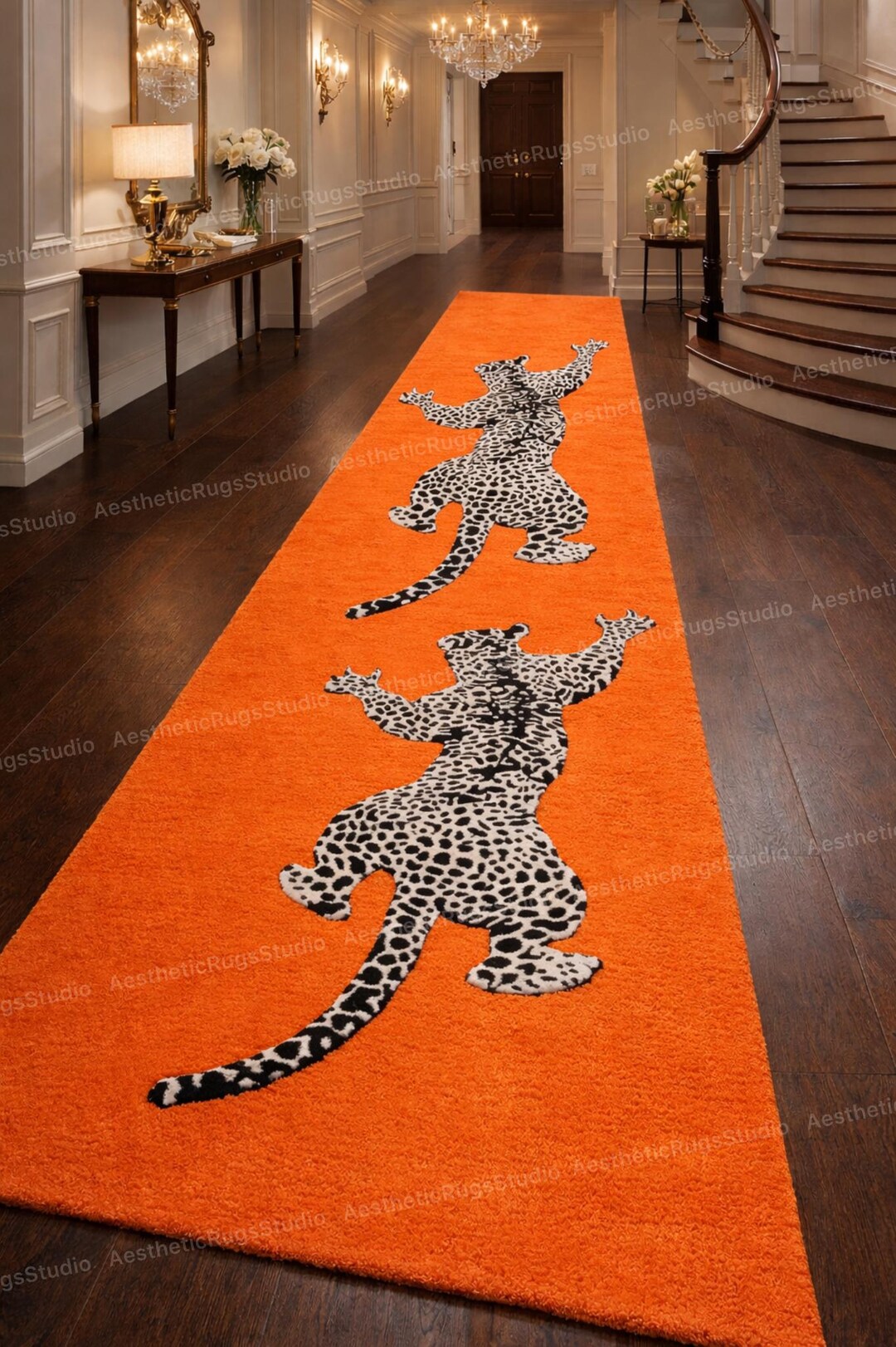 Hand Tufted Leopard Runner Rug in Orange Ivory, Luxury Animal Print ...
