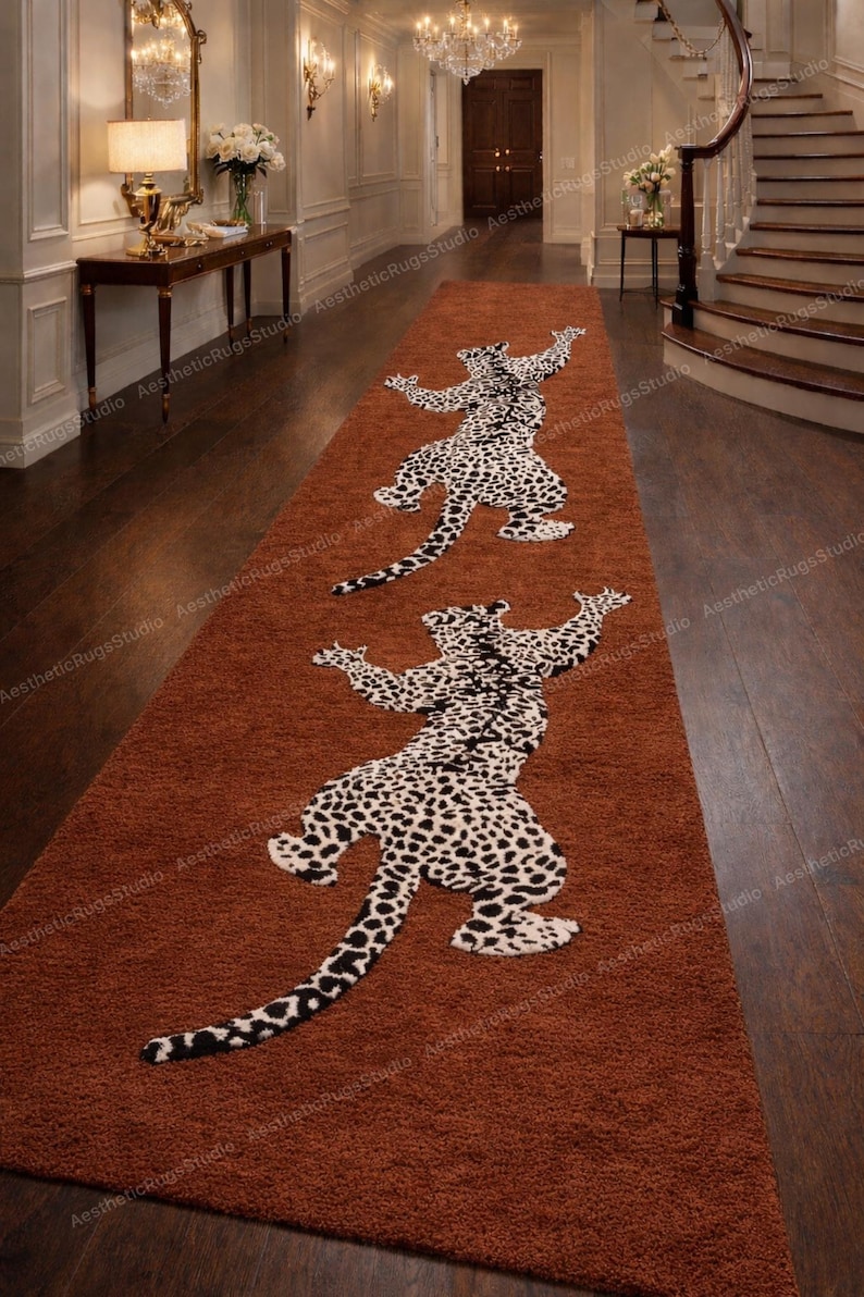 Hand Tufted Leopard Runner Rug in Orange Ivory, Luxury Animal Print ...