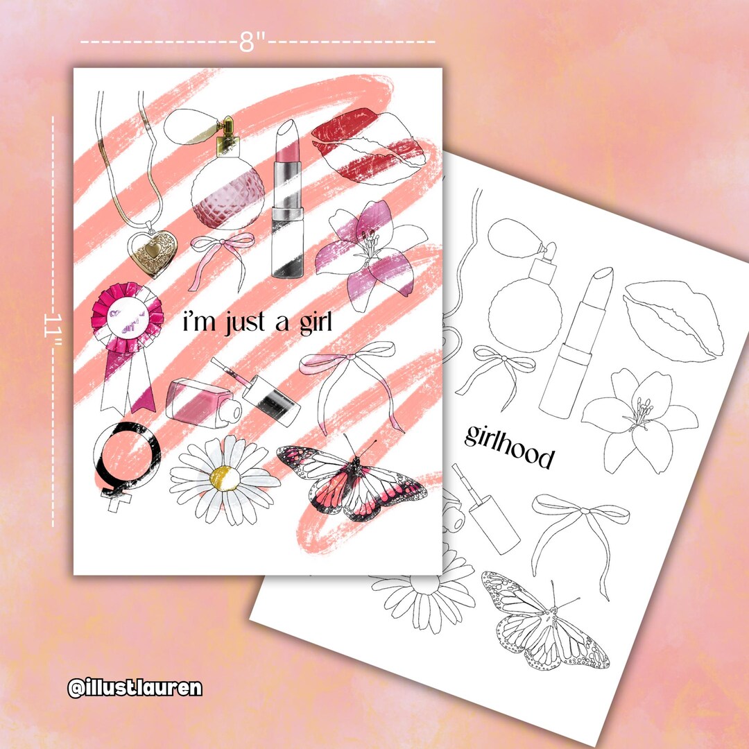 Pink Girly Themed Coloring Page Inspired Digital Art Collage Design ...