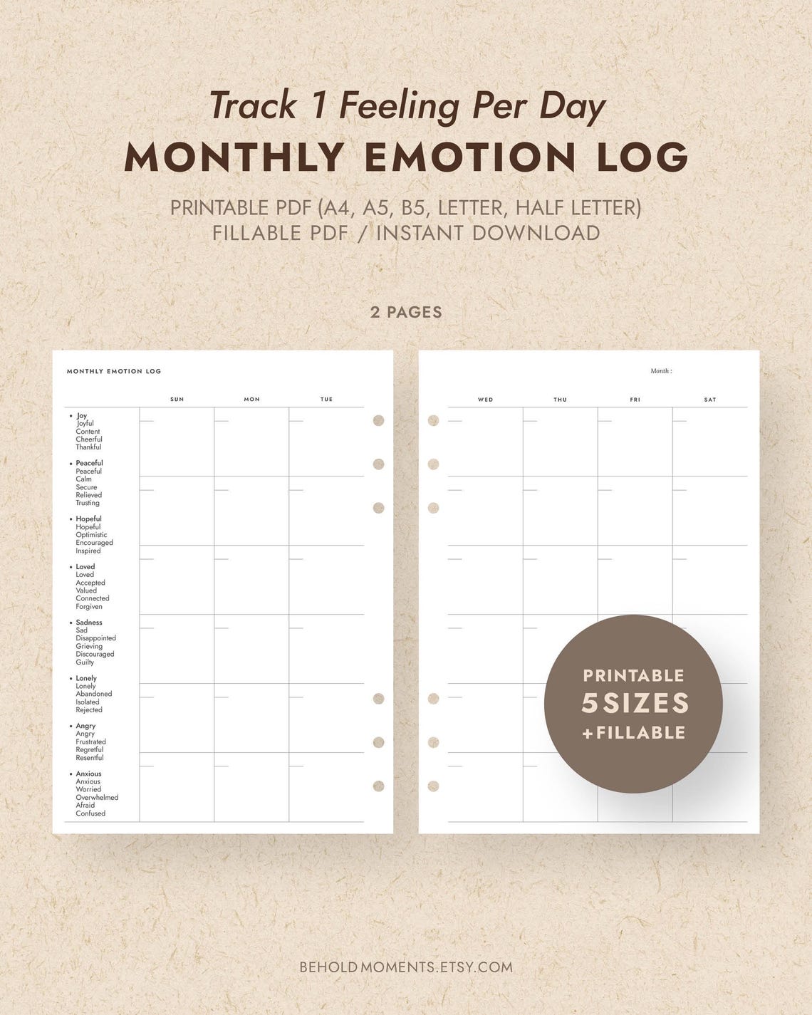 Monthly Emotion Log: Self-reflection Journal (printable PDF) - Etsy